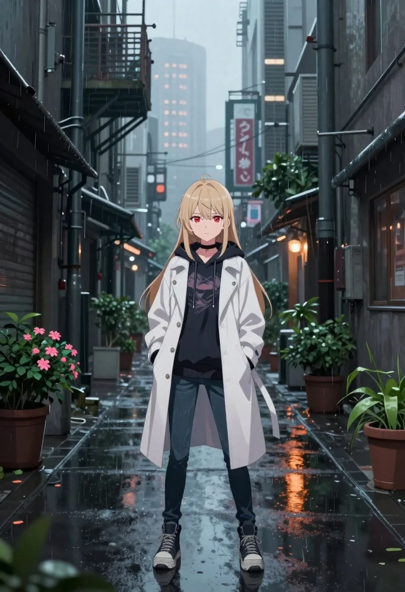 Anime girl in rain slicked industrial alleyway - AI Image Prompt