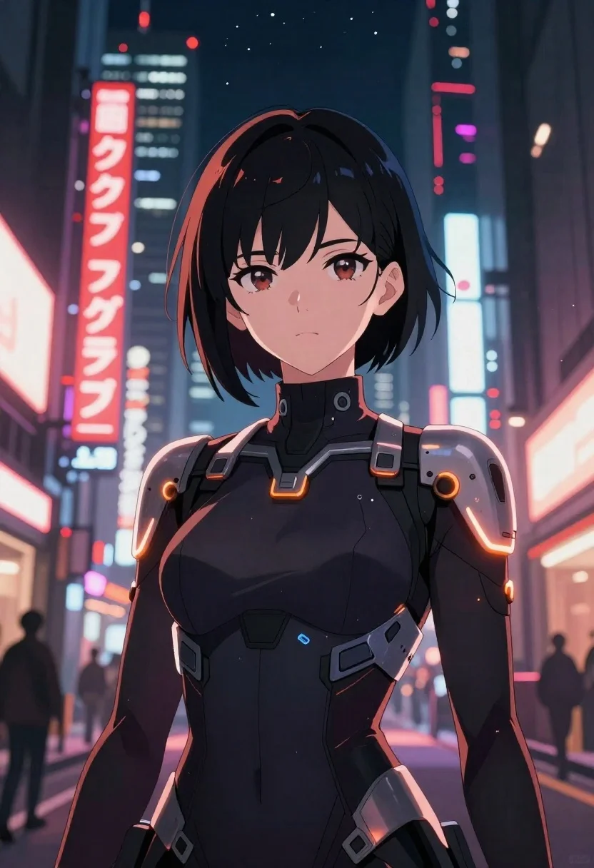 Anime warrior in neon cyberpunk city street at night - AI Image Prompt