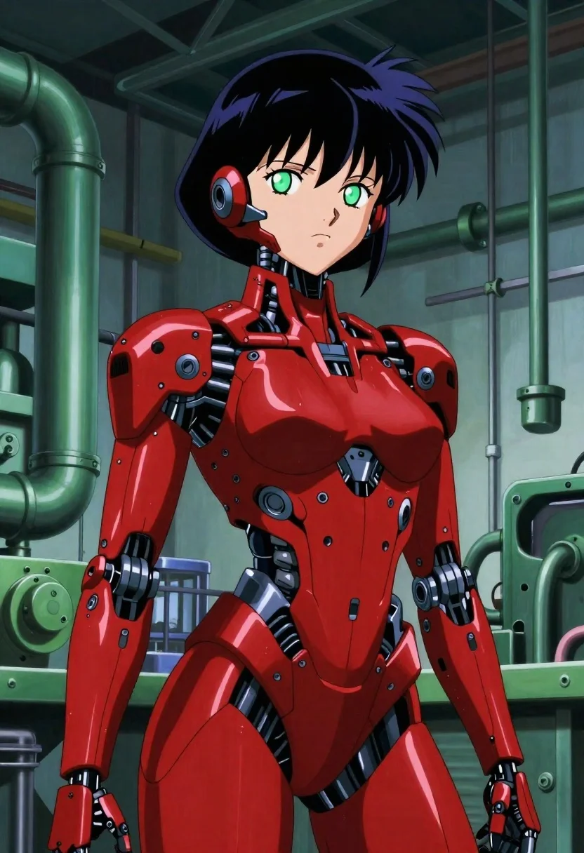 Anime cyborg with black hair in industrial setting - AI Image Prompt